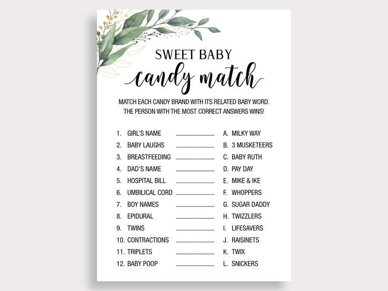 Sweet Baby Candy Match Game Greenery Baby Shower Candy Game - Etsy