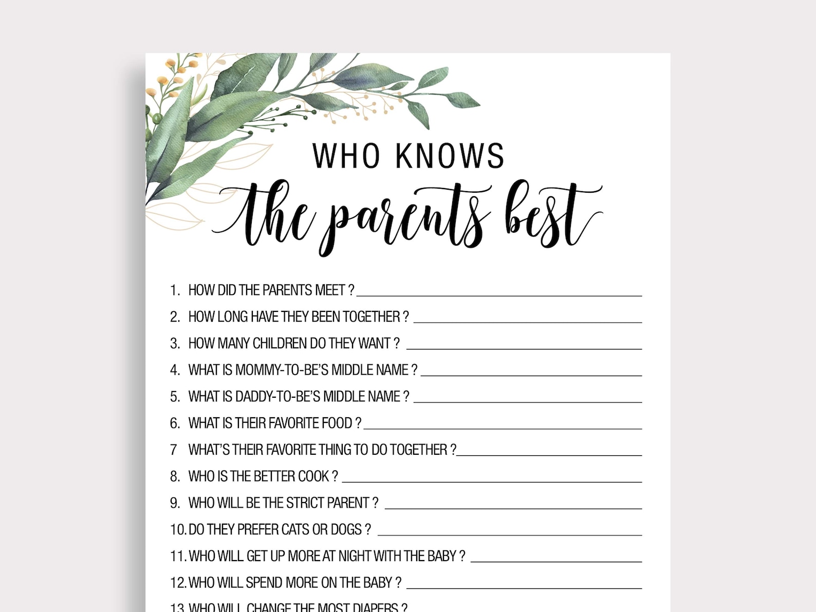 Who Knows the Parents Best Game Greenery Baby Shower Games How Well Do ...