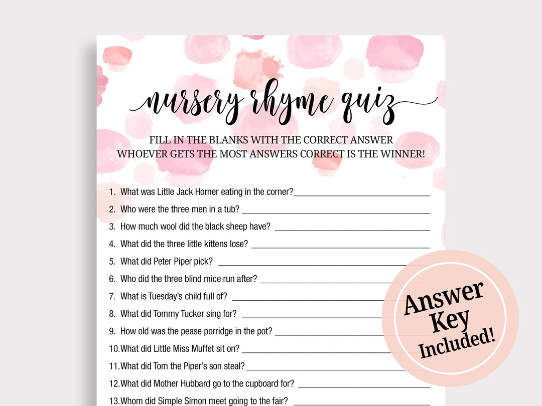 Pink Nursery Rhyme Game, Nursery Rhymes Baby Shower Game, Nursery Game ...