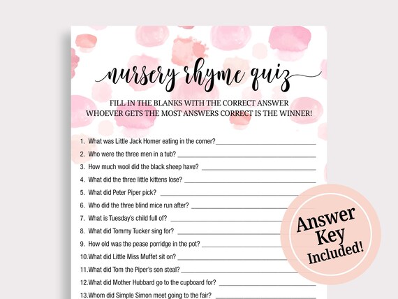 Pink Nursery Rhyme Game Nursery Rhymes Baby Shower Game | Etsy