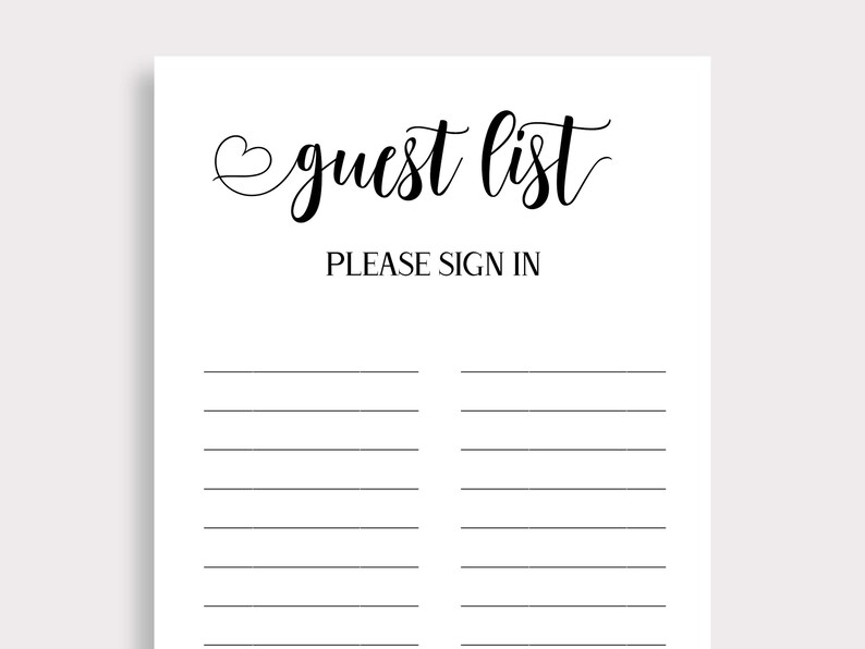 Printable Guest List Please Sign, Minimalist Guest Checklist, Printable ...