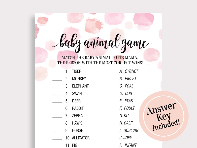 Baby Animal Game Baby Shower Printable, Pink Girl Baby Shower, Baby ...