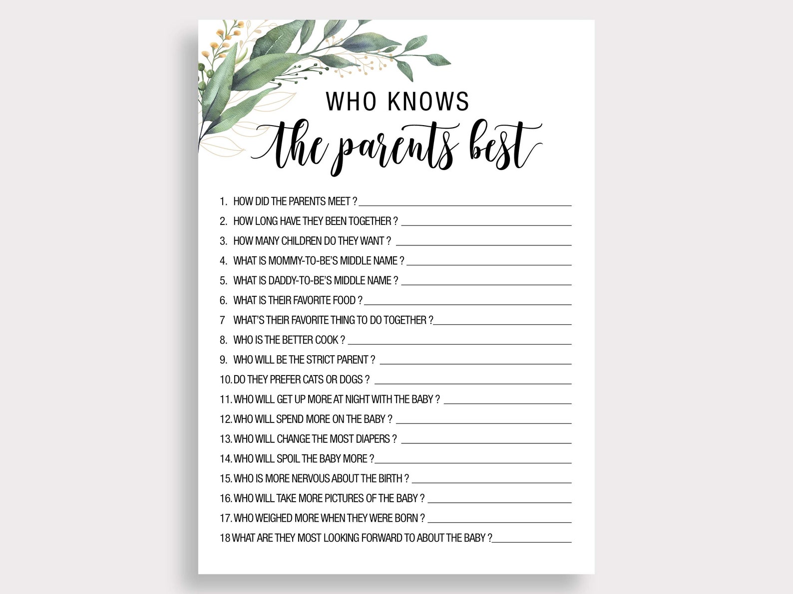 Who Knows the Parents Best Game Greenery Baby Shower Games How Well Do ...