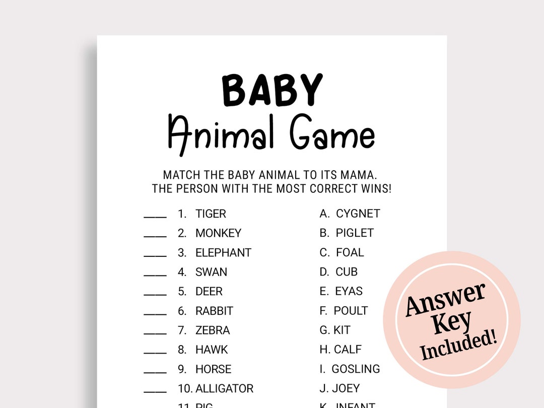 Baby Animal Game Guess the Baby Animal Simple Baby Shower Game Match ...