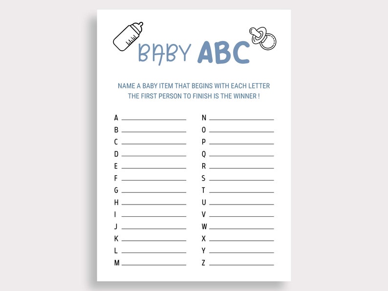 Baby ABC Game Baby Shower Alphabet Game A to Z Item Name Blue - Etsy