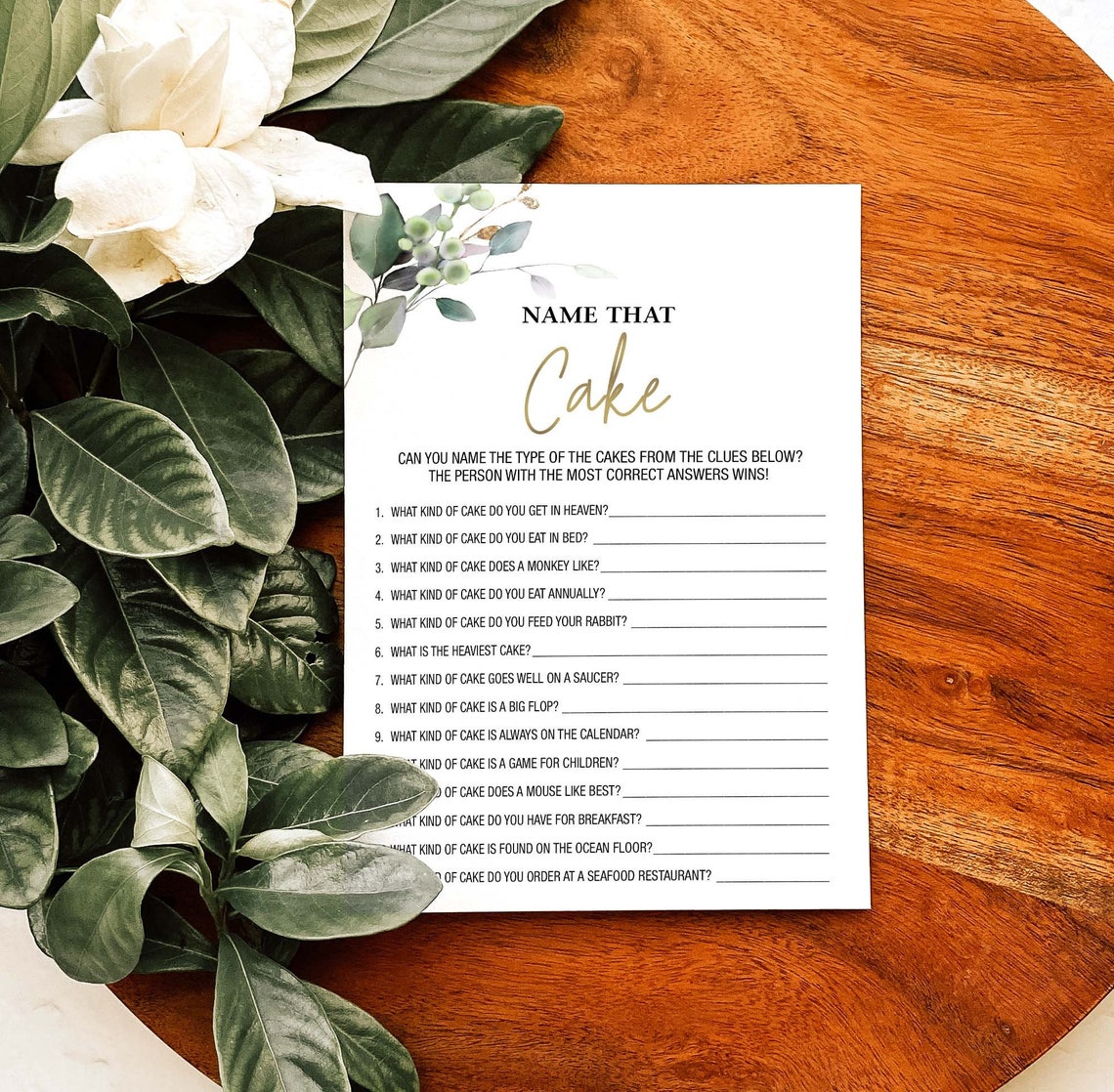 Name That Cake Game Name That Cake Bridal Shower Game Greenery and Gold ...