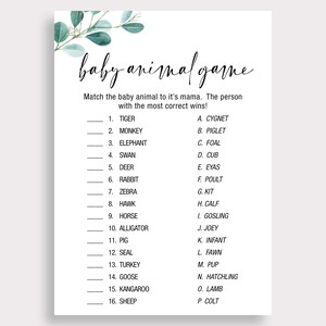 Baby Animal Game Eucalyptus Baby Shower Game Boy Baby Shower Game ...