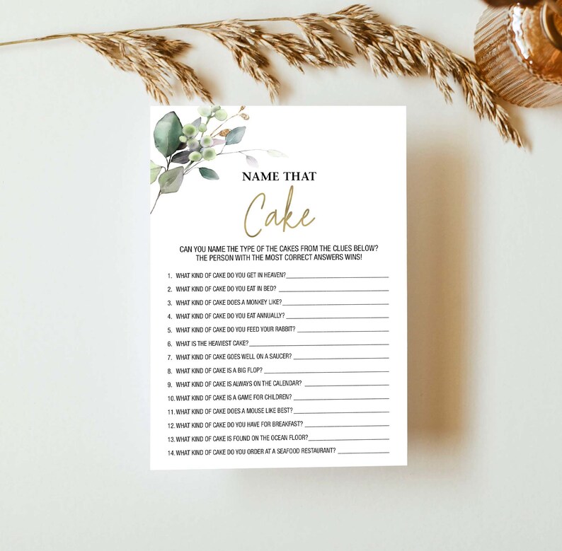 Name That Cake Game Name That Cake Bridal Shower Game Greenery and Gold ...