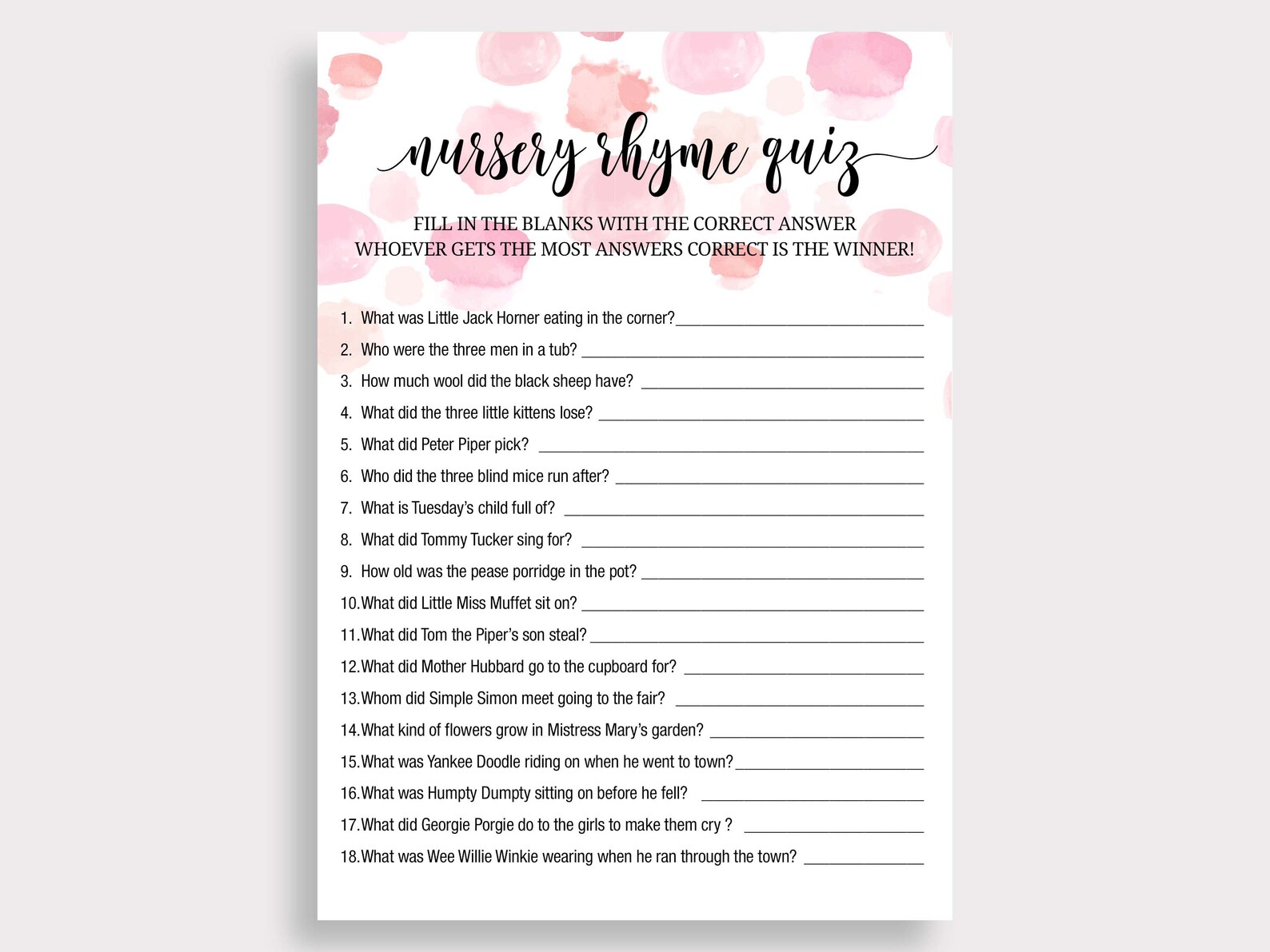 Pink Nursery Rhyme Game, Nursery Rhymes Baby Shower Game, Nursery Game ...