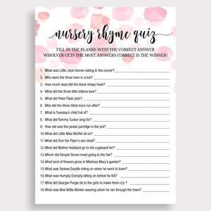 Pink Nursery Rhyme Game, Nursery Rhymes Baby Shower Game, Nursery Game ...