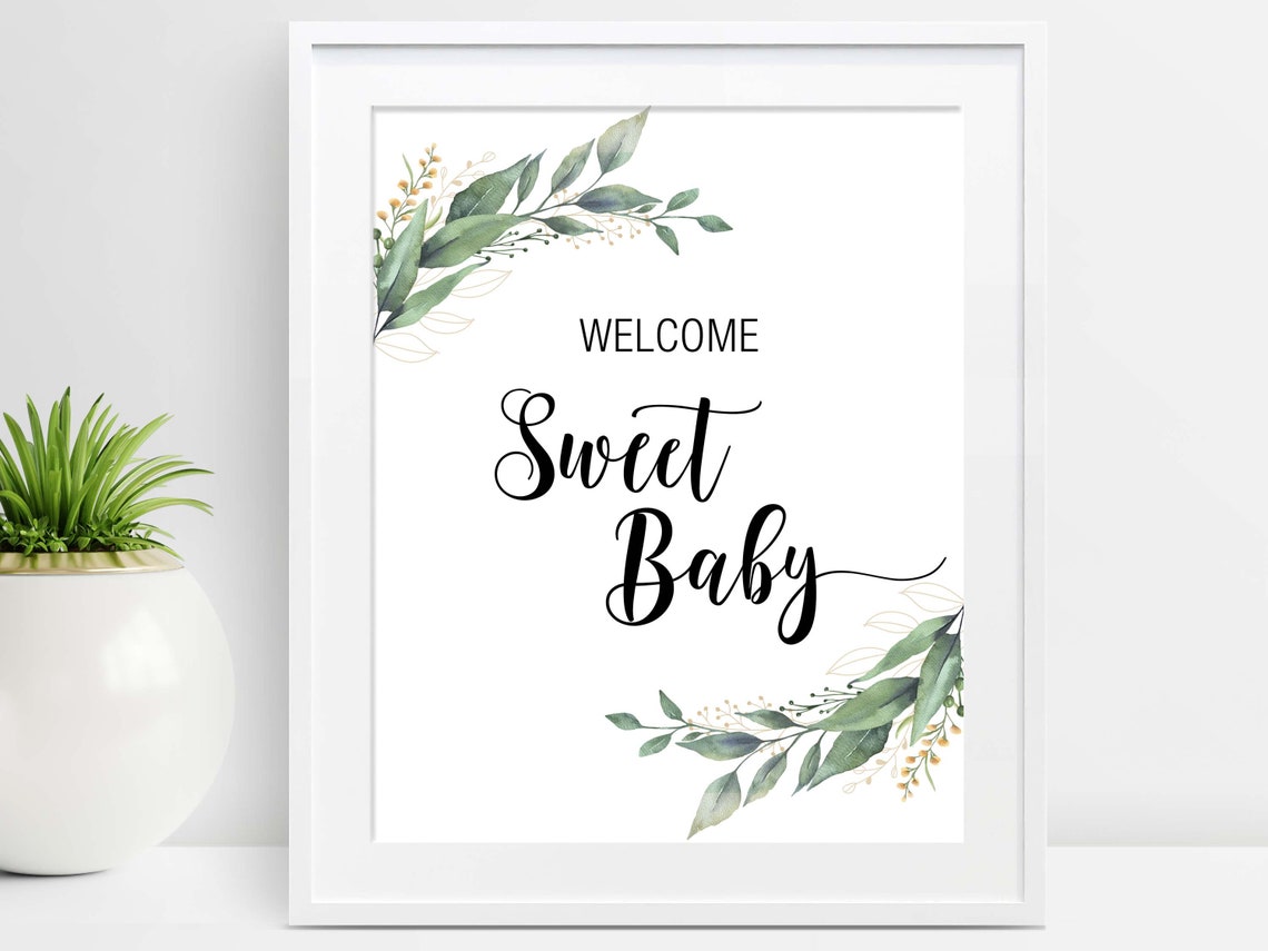 Welcome Sweet Baby Sign Greenery Baby Shower Signs Printable - Etsy