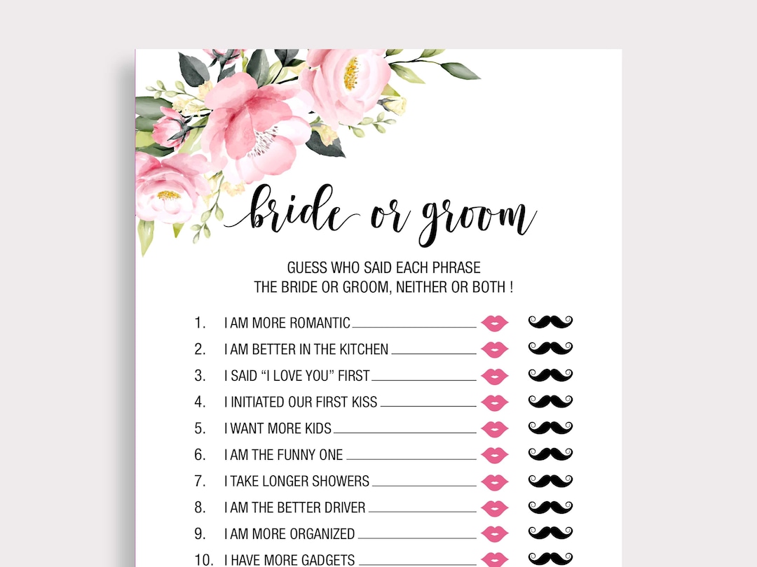 Floral Bride or Groom Bridal Shower Game, He Said She Said Game, Guess ...