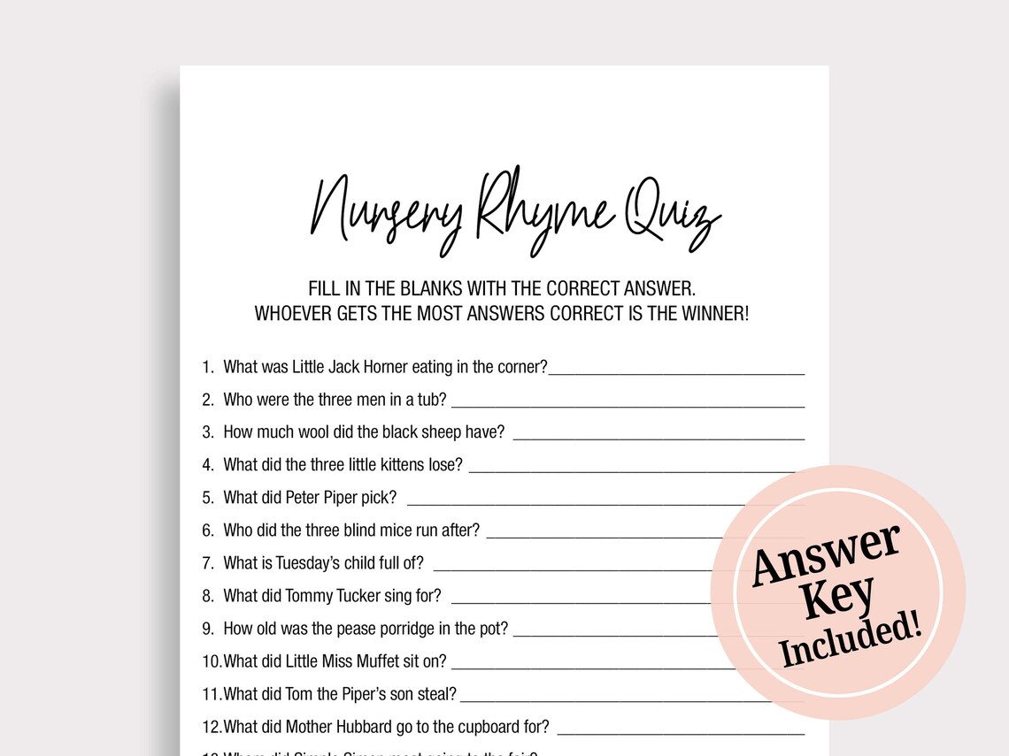 Baby Shower Nursery Rhyme Game Nursery Rhyme Quiz Game - Etsy