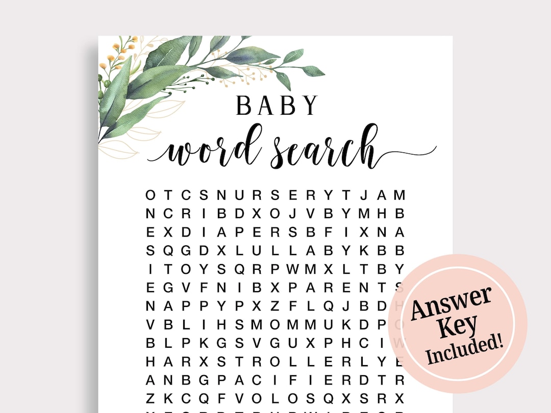 Baby Word Search Game Funny Baby Shower Game Greenery Baby Shower Games ...
