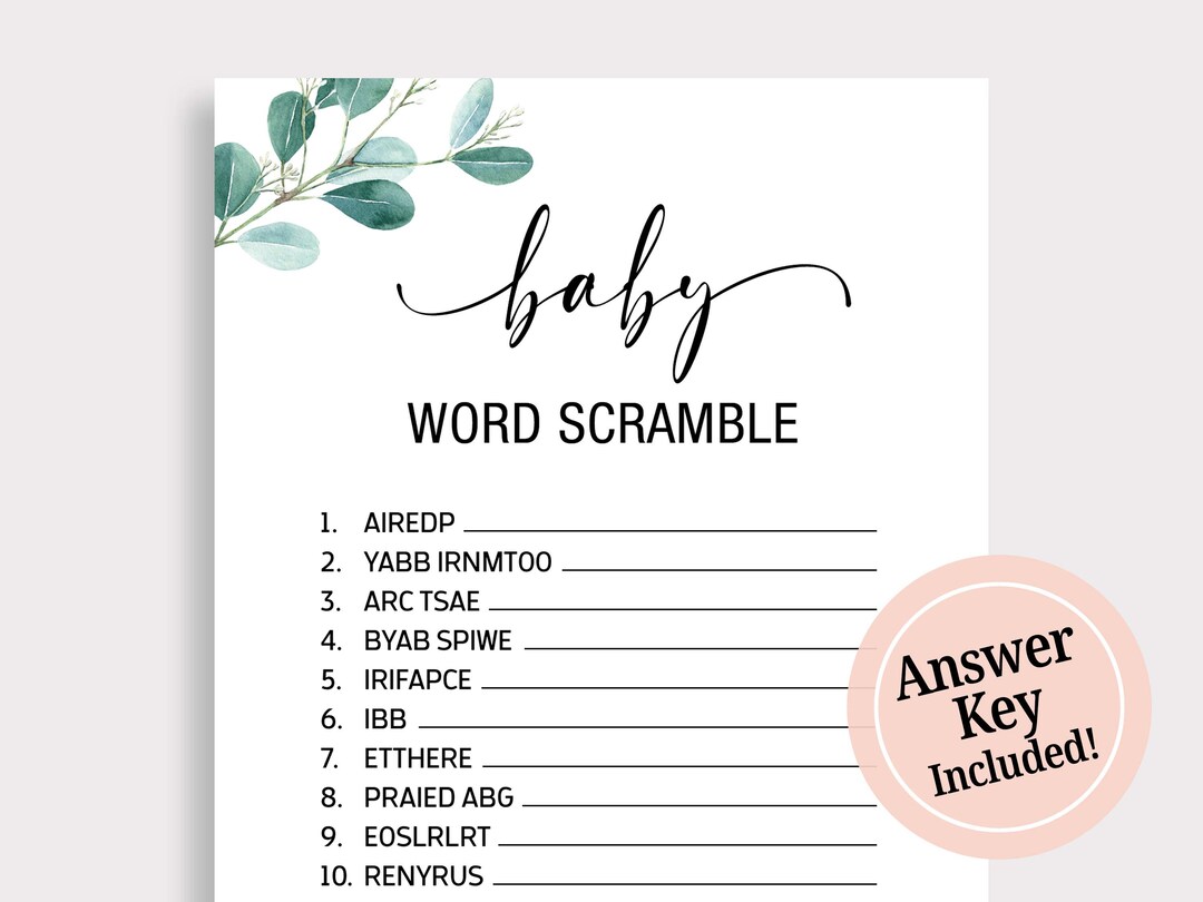 Baby Word Scramble Game Eucalyptus Baby Shower Fun Baby Shower Games ...