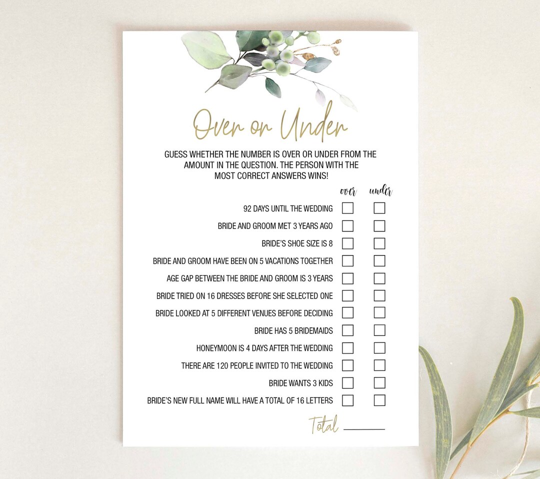 Over or Under Bridal Shower Game Over or Under Bridal Trivia Game ...