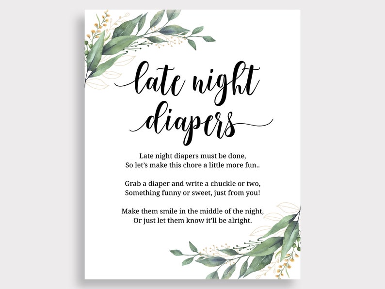 Late Night Diapers Printable, Greenery Late Night Diaper Sign, Baby ...