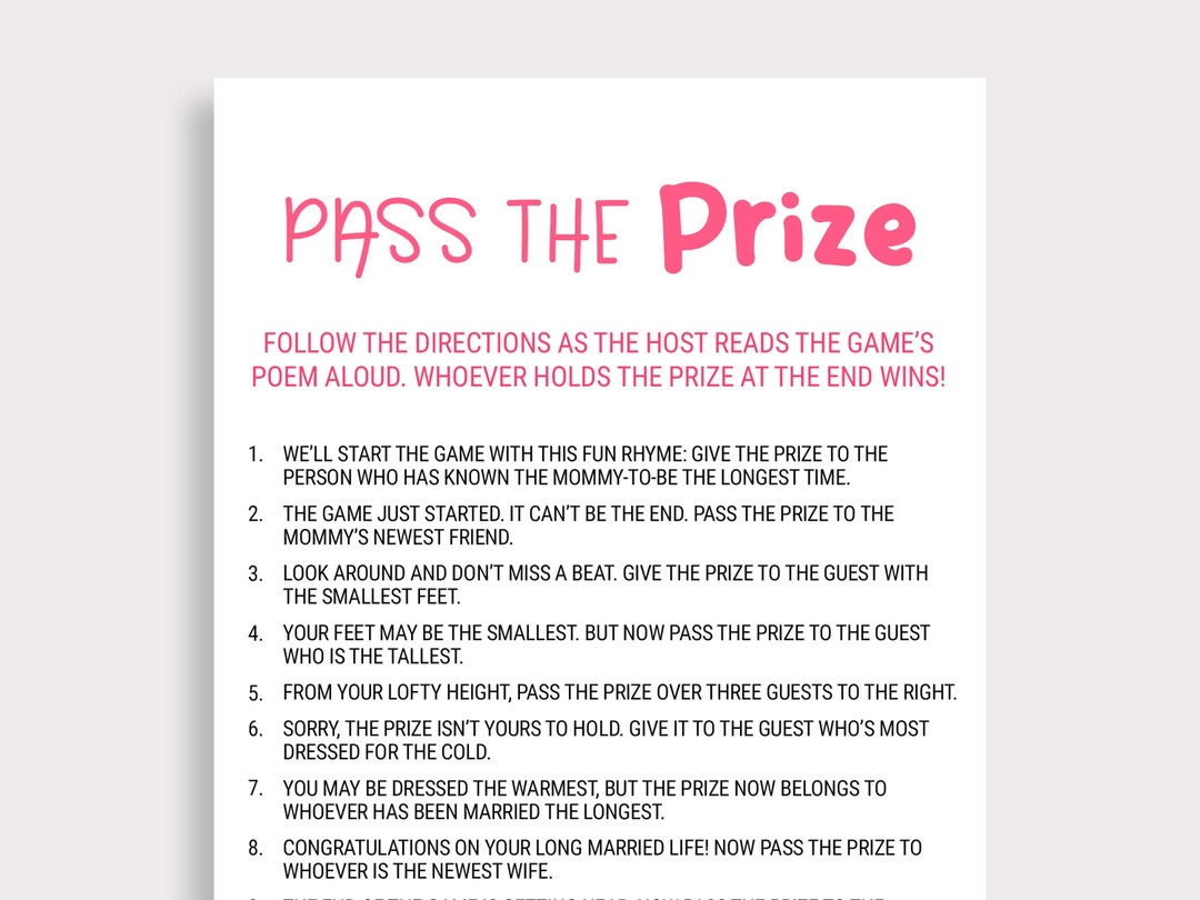 Baby Shower Pass the Prize Game Rhyme Game Pink Baby Shower Game Pass ...