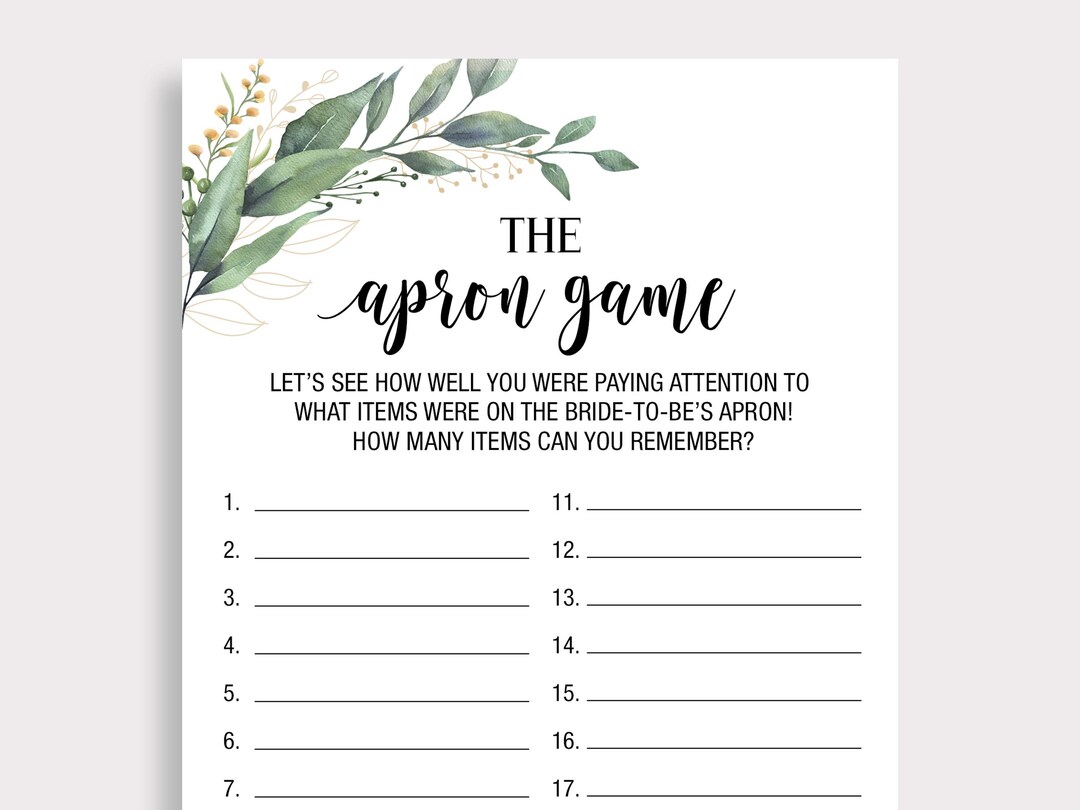 Apron Game, Guess the Items on Apron, Modern Bridal Shower Memory Game ...