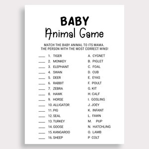 Baby Animal Game Guess the Baby Animal Simple Baby Shower Game Match ...