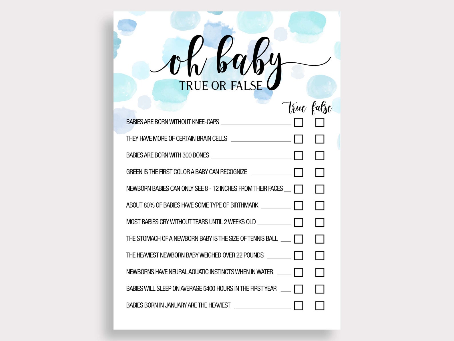 Oh Baby True or False Baby Shower Game Printable, Oh Baby True or False ...