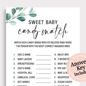 Candy Match Game Sweet Baby Candy Match Eucalyptus Baby Shower Games ...