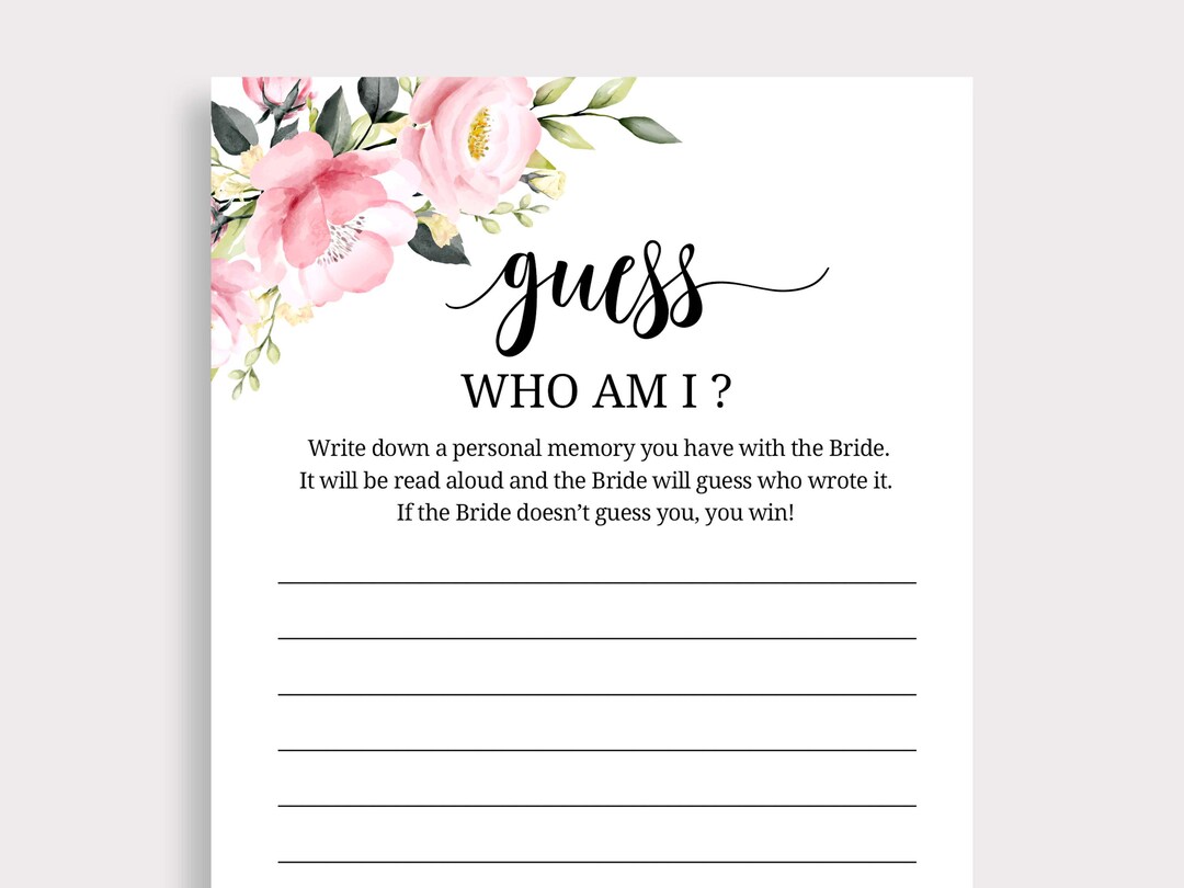 Guess Who Am I Game Printable, Pink Floral Bridal Shower Game, Boho ...