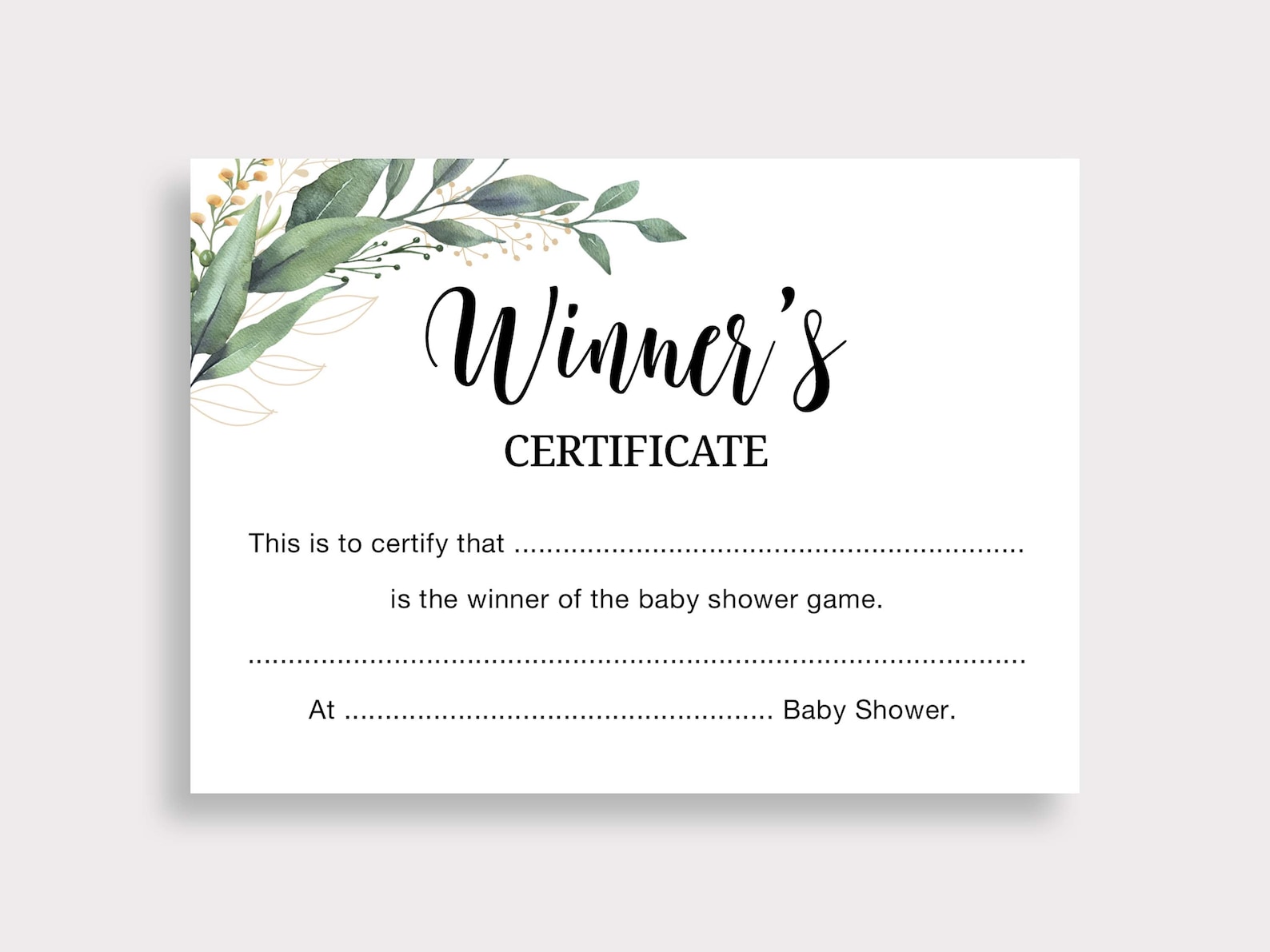 Baby Shower Game Winner Certificate, Greenery Baby Shower Certificates ...