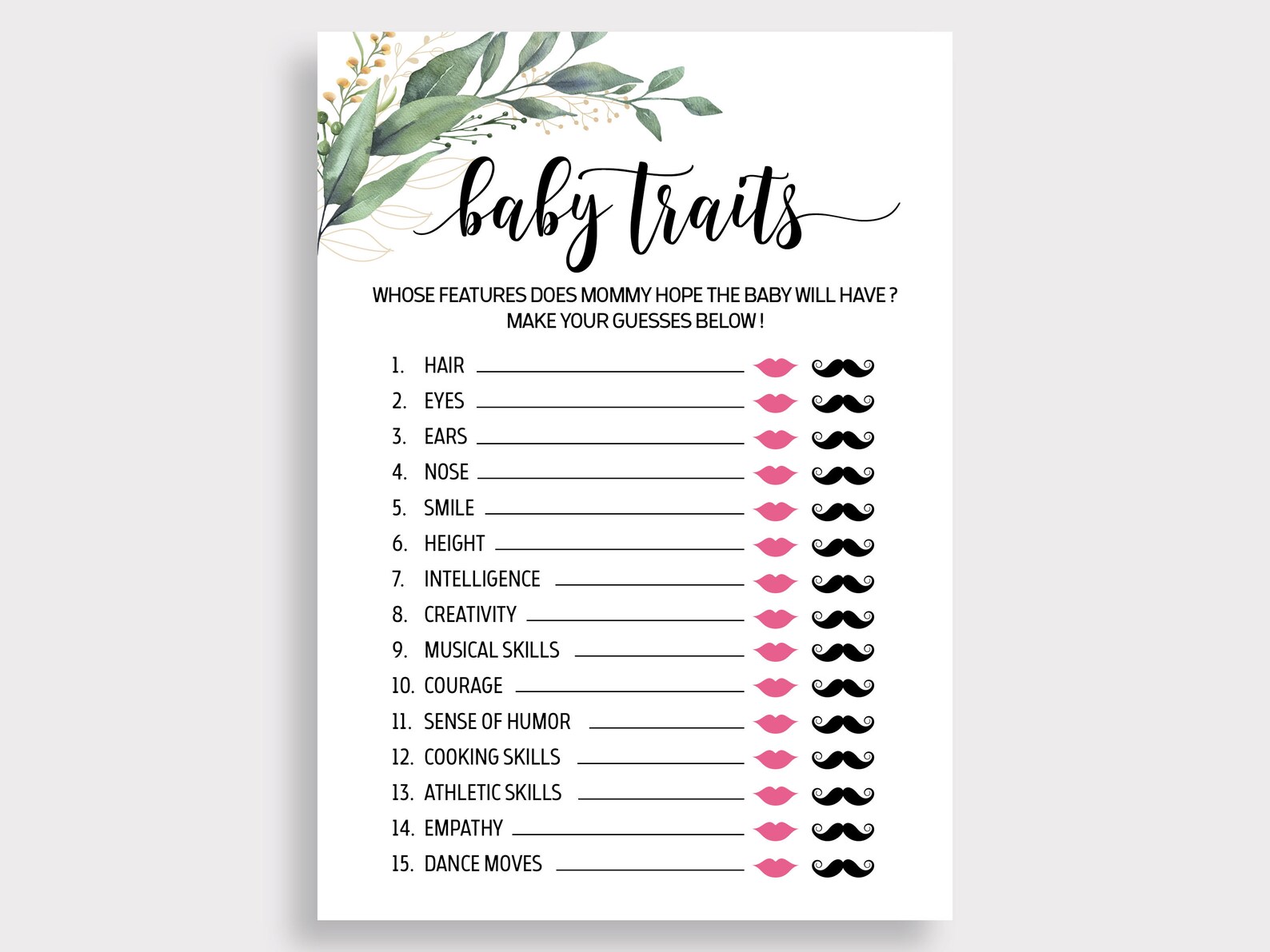 Baby Traits Game Mommy Daddy Baby Shower Game Printable Coed | Etsy