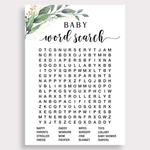 Baby Word Search Game Funny Baby Shower Game Greenery Baby Shower Games ...