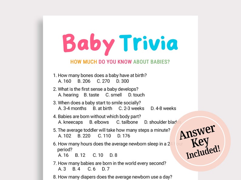 Gender Reveal Baby Shower Trivia Game Baby Trivia Game Gender Reveal ...