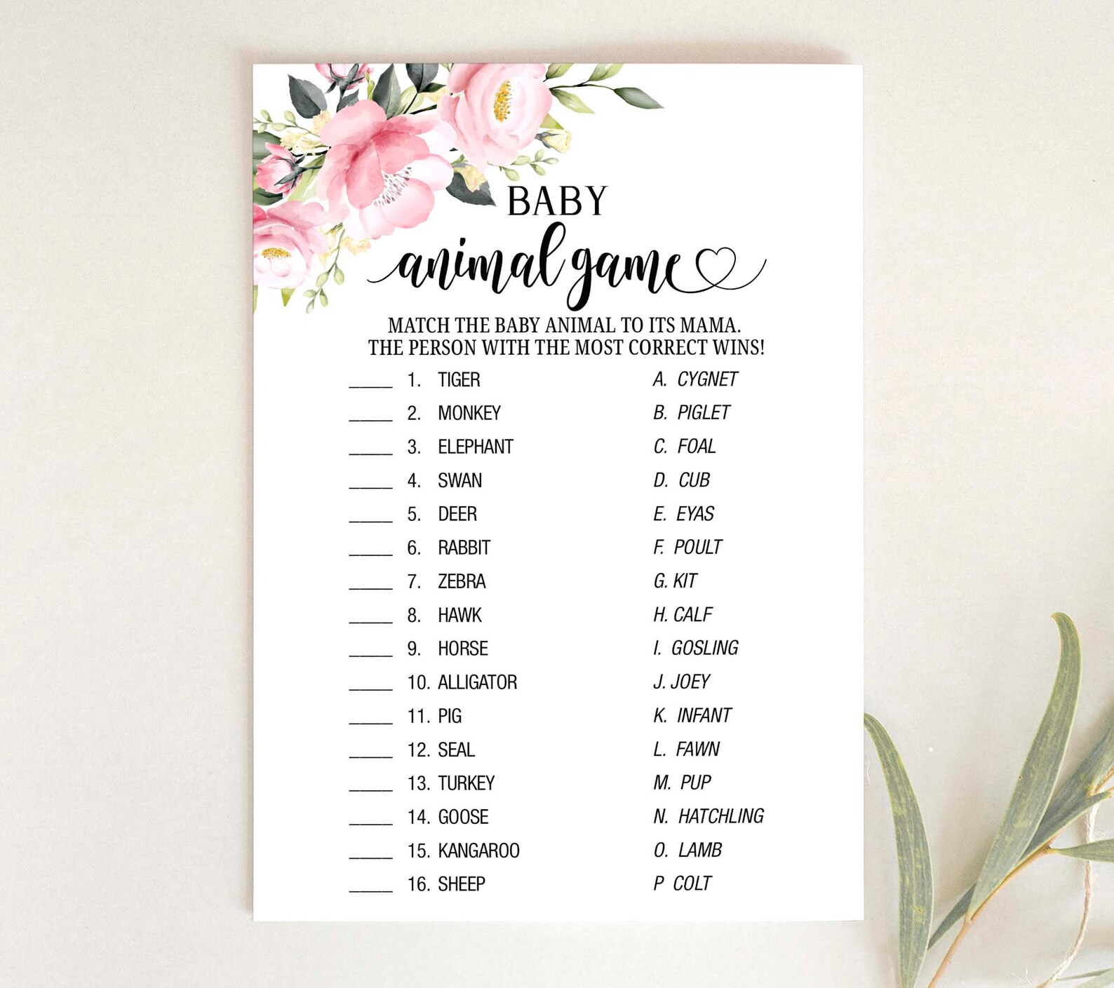 Baby Animal Game Baby Animal Match Game Pink Baby Shower Games - Etsy