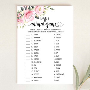 Baby Animal Game Baby Animal Match Game Pink Baby Shower Games ...