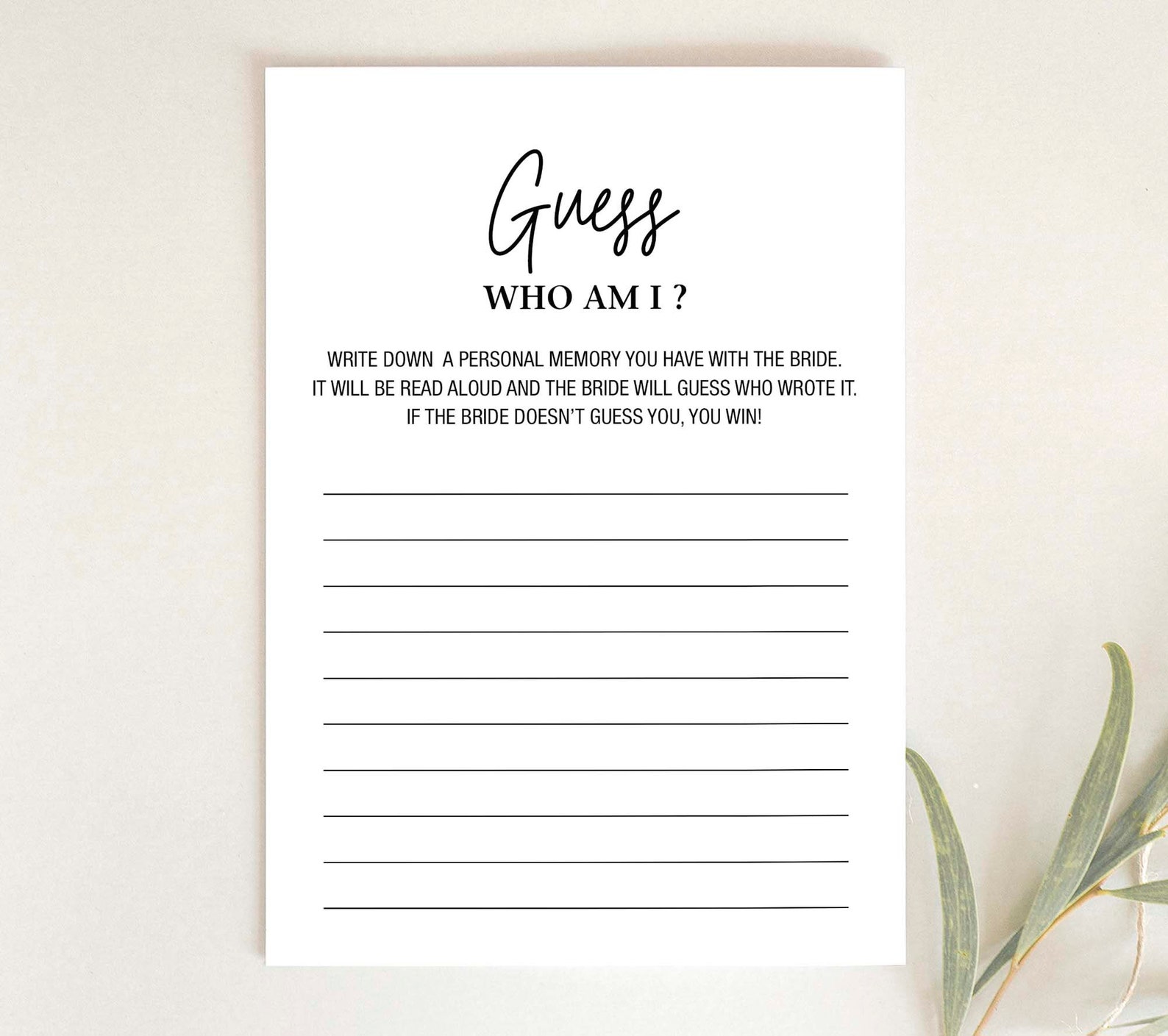 Guess Who Am I Bridal Shower Game Memory Games Minimalist Bridal Shower ...