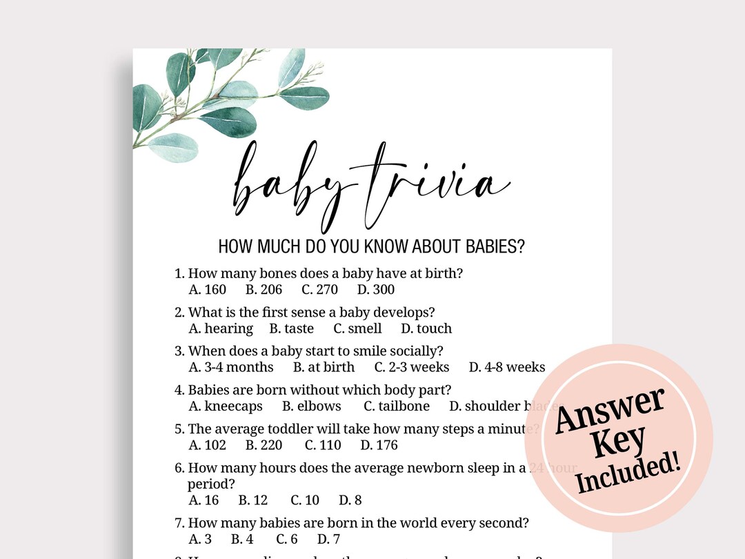 Baby Trivia Game Baby Shower Trivia Game Eucalyptus Baby Shower ...