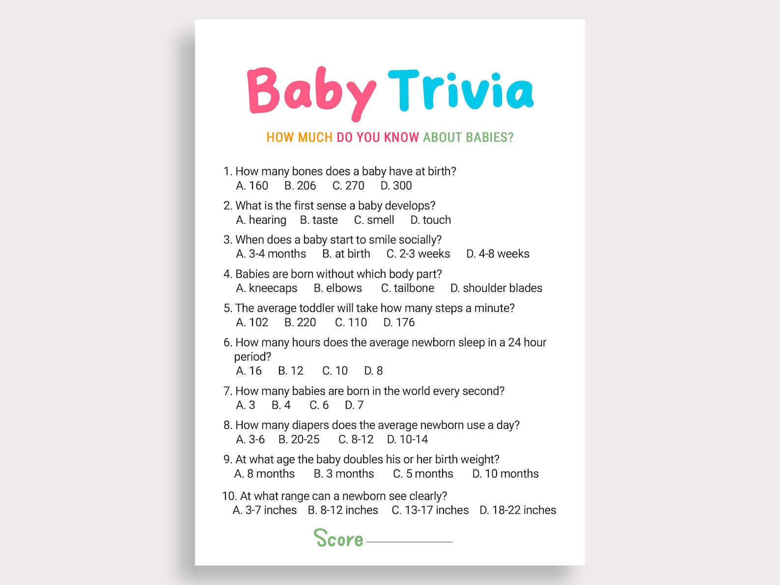 Gender Reveal Baby Shower Trivia Game Baby Trivia Game Gender Reveal ...