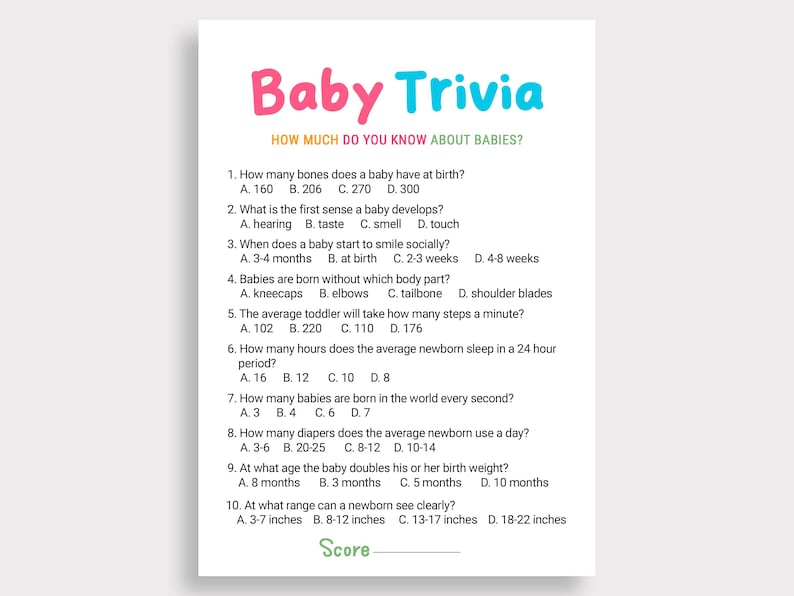 Gender Reveal Baby Shower Trivia Game Baby Trivia Game Gender Reveal ...