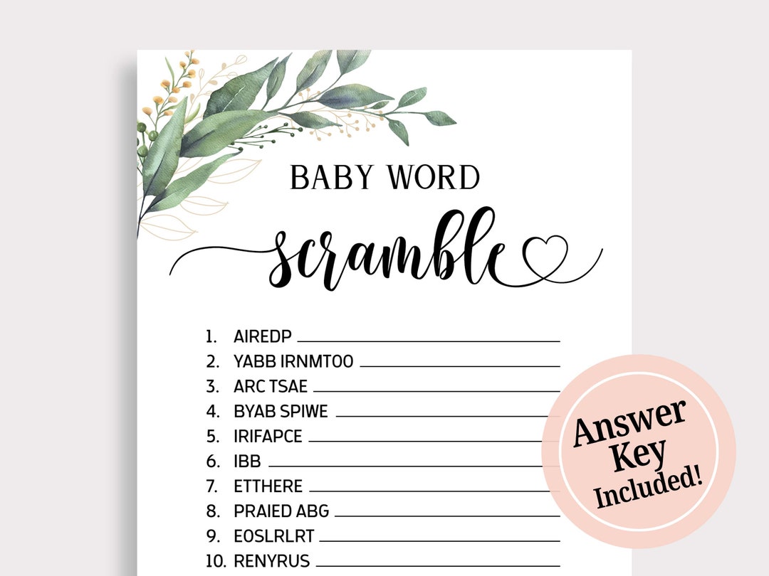 Baby Word Scramble Game Baby Scrambled Word Game Greenery Baby Shower ...