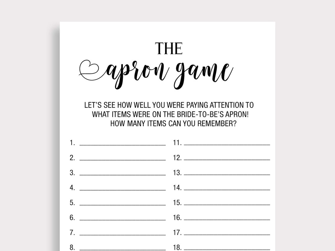 Modern Apron Game, Minimal Bridal Shower Memory Game,simple Guess the ...