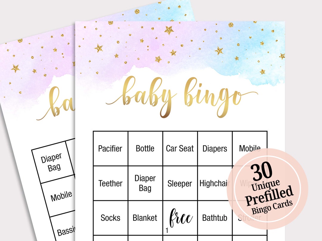 30 Prefilled Baby Shower Bingo Cards Gender Reveal Party Games Baby ...