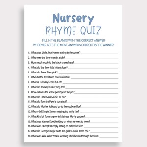 Nursery Rhyme Game Guess the Nursery Rhyme Dusty Blue Baby Shower Game ...