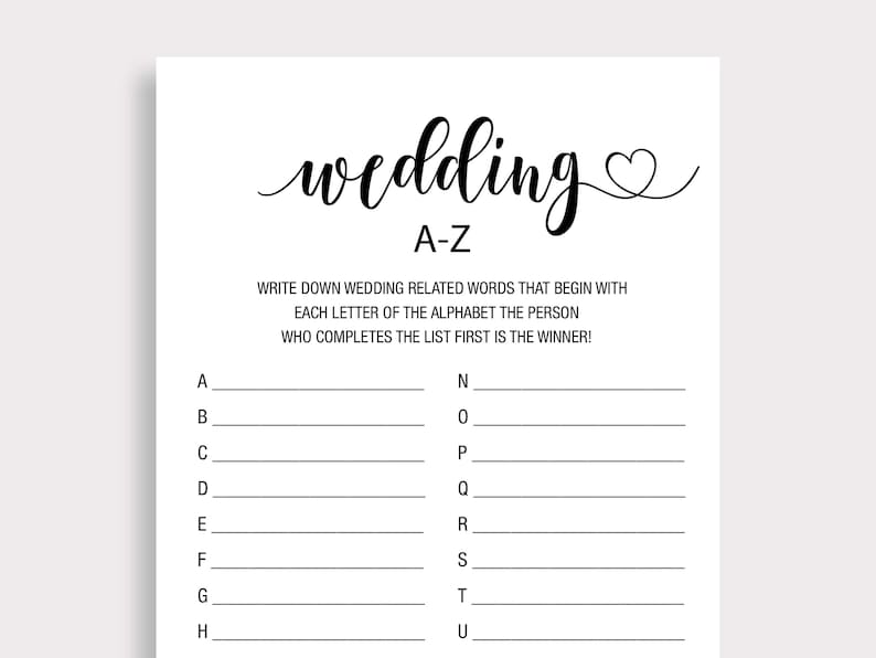 Bridal Alphabet Game, Wedding A to Z, Minimalist Wedding Alphabet Game ...