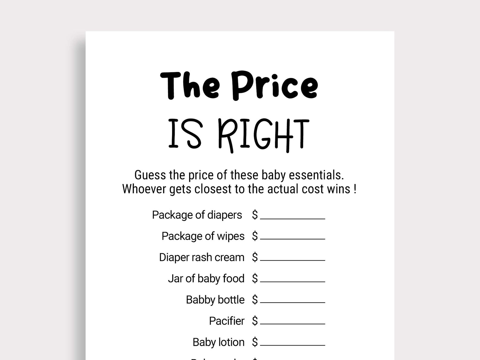 The Price is Right Game Price is Right Baby Shower Game Guess the Price ...