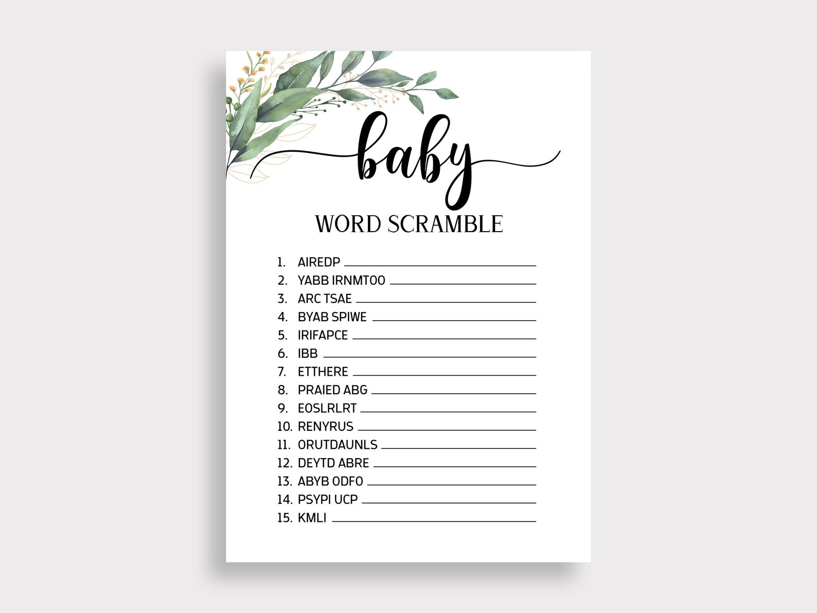 Baby Word Scramble Game Baby Scrambled Word Game Greenery - Etsy
