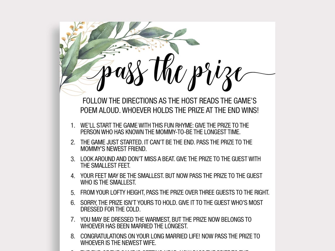 Pass the Prize Game Rhyme Game Greenery Baby Shower Game - Etsy Canada