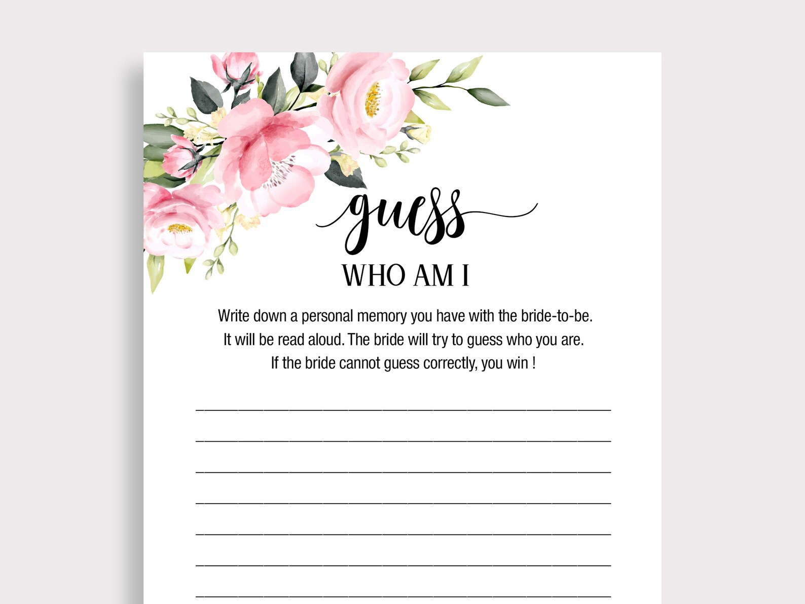Guess Who Am I Game Printable Pink Floral Bridal Shower Game | Etsy