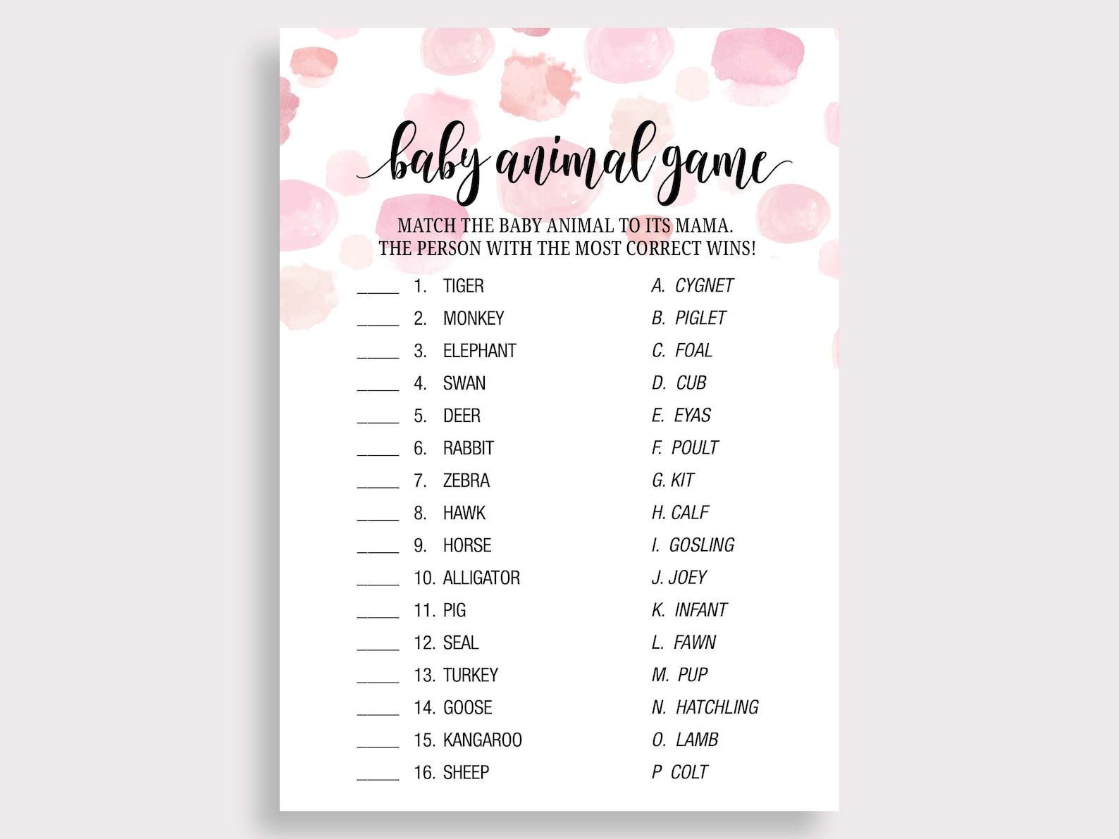 Baby Animal Game Baby Shower Printable Pink Girl Baby Shower - Etsy