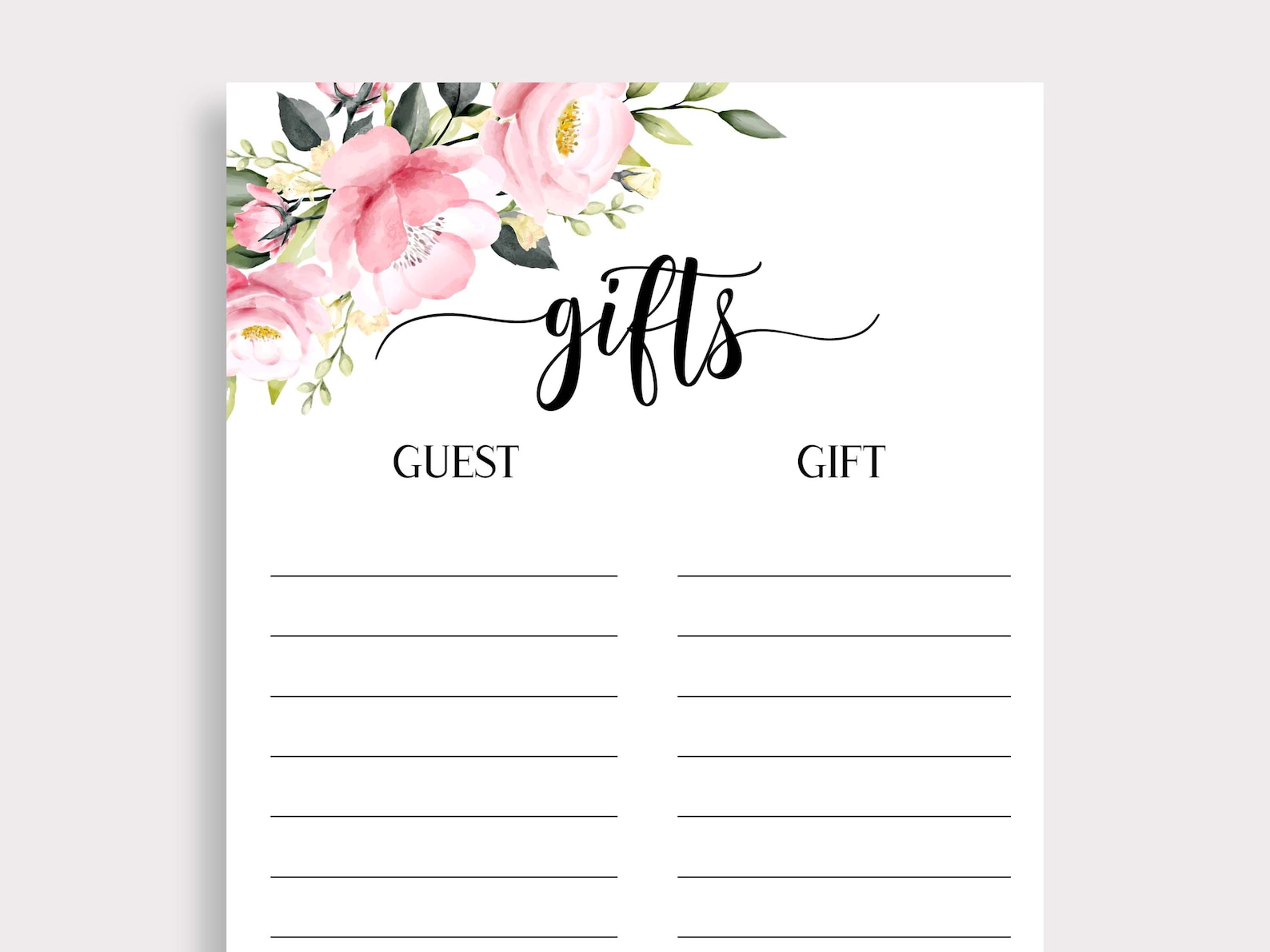 Gift List, Printable Bridal Shower Gift List, Baby Shower Gift List ...
