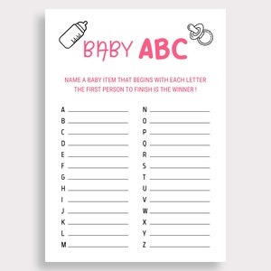 Pink Baby ABC Game Baby Shower Alphabet Game A to Z Item Name Baby Girl ...