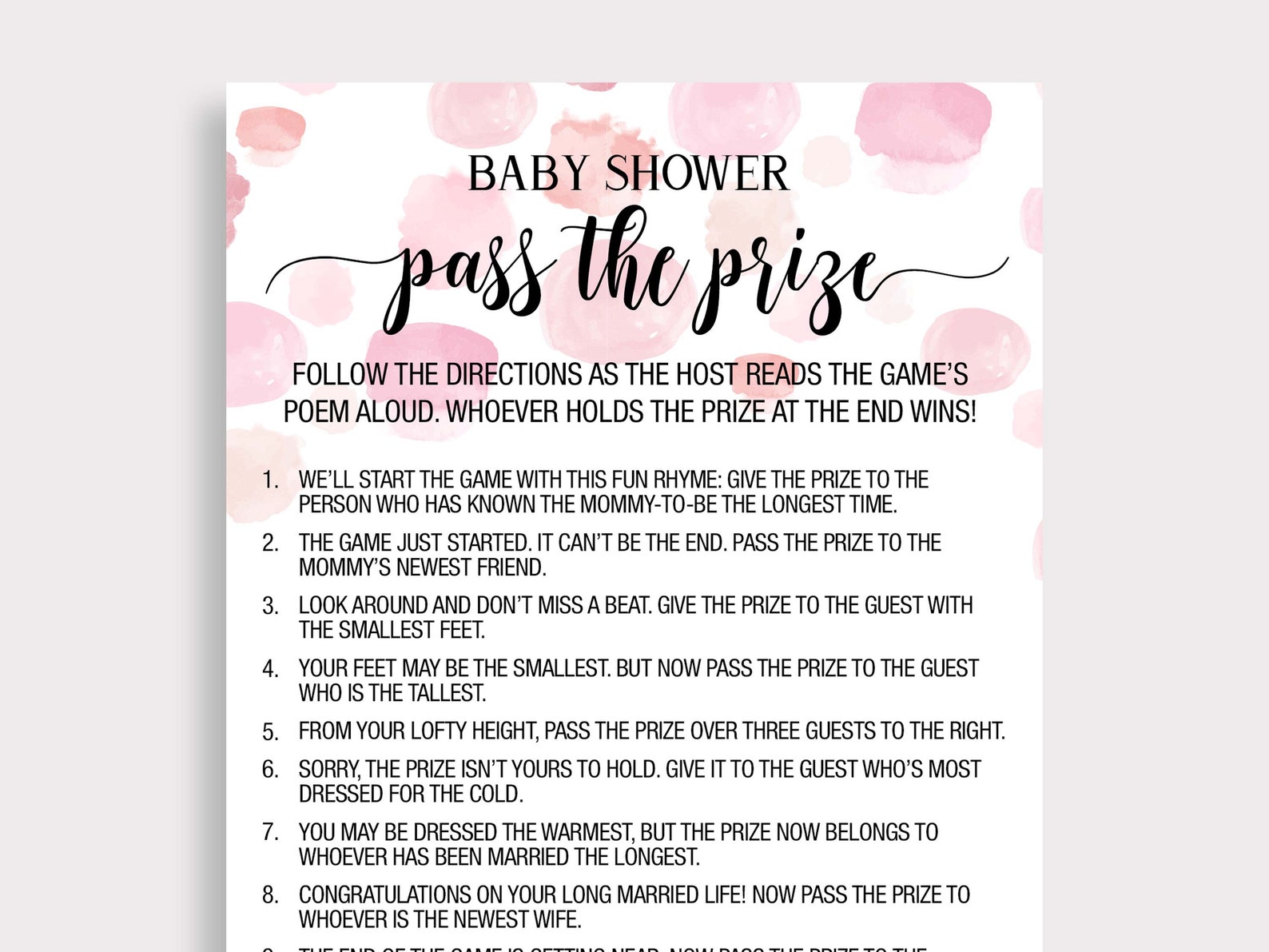 Pink Pass the Prize Game, Pass the Prize Baby Shower Game, Rhyme Game ...